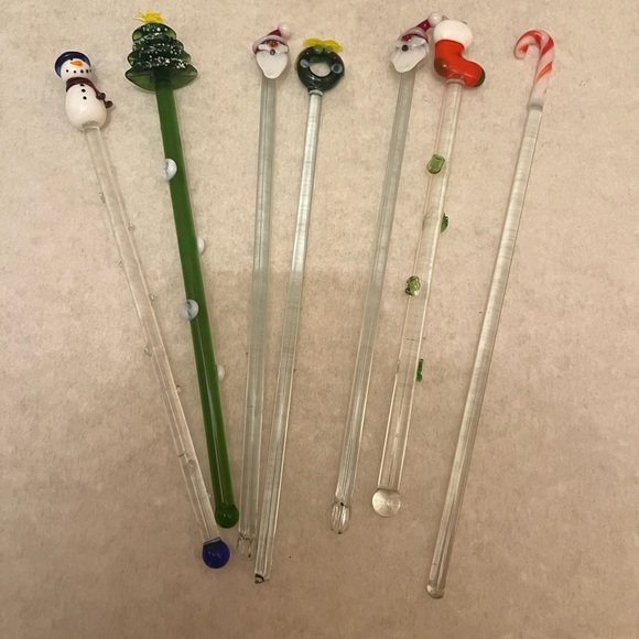 Holiday | 7 Hand Blown Glass Swizzle Sticks Cocktail Stirrers Christmas ...